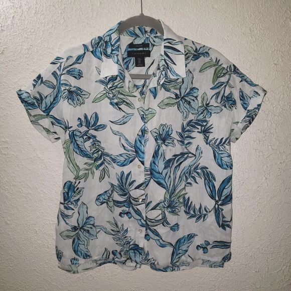 Tahari | Tops | Tahari Linen Shirt Button Up Sz S White Blue Floral ...